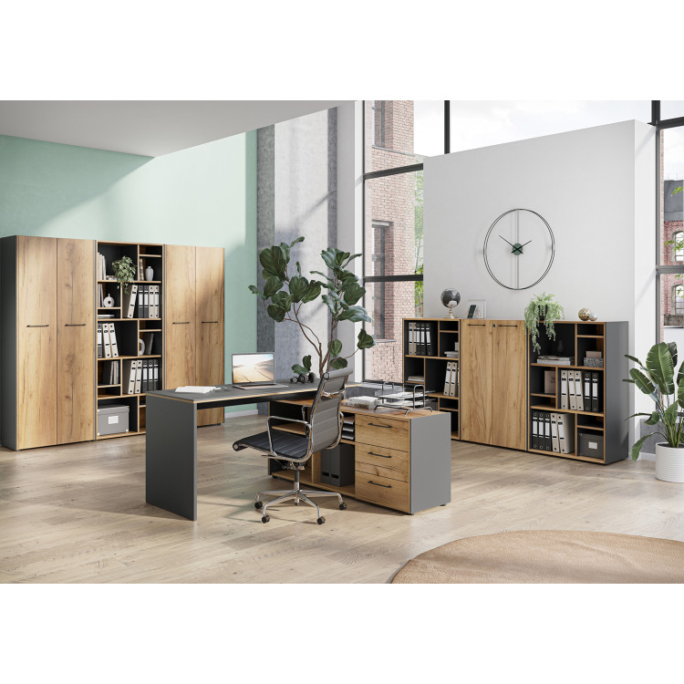 Bureau d'angle contemporain avec rangement chêne/grpahite Isaya