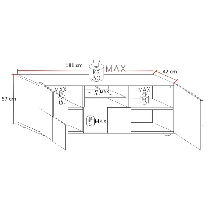 Meuble TV moderne 181 cm laqué gris brillant Milenor
