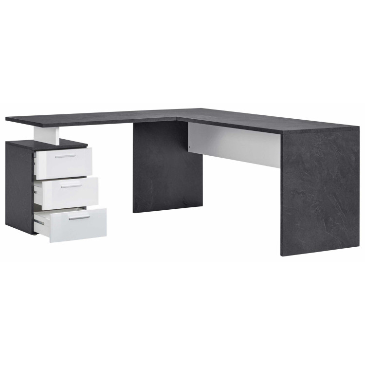 Bureau d'angle moderne blanc laqué brillant/ardoise Sévina