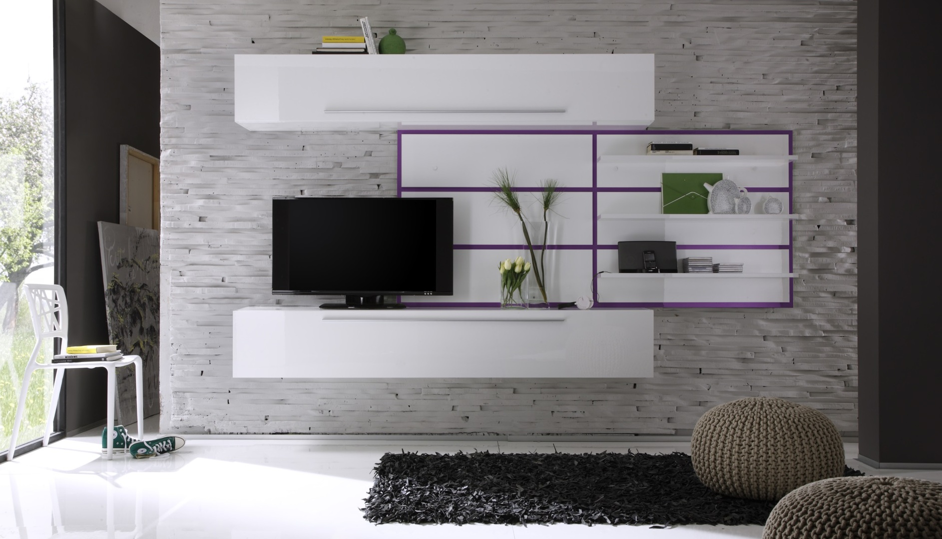 Composition TV murale design blanc laqué/lilas Celtic
