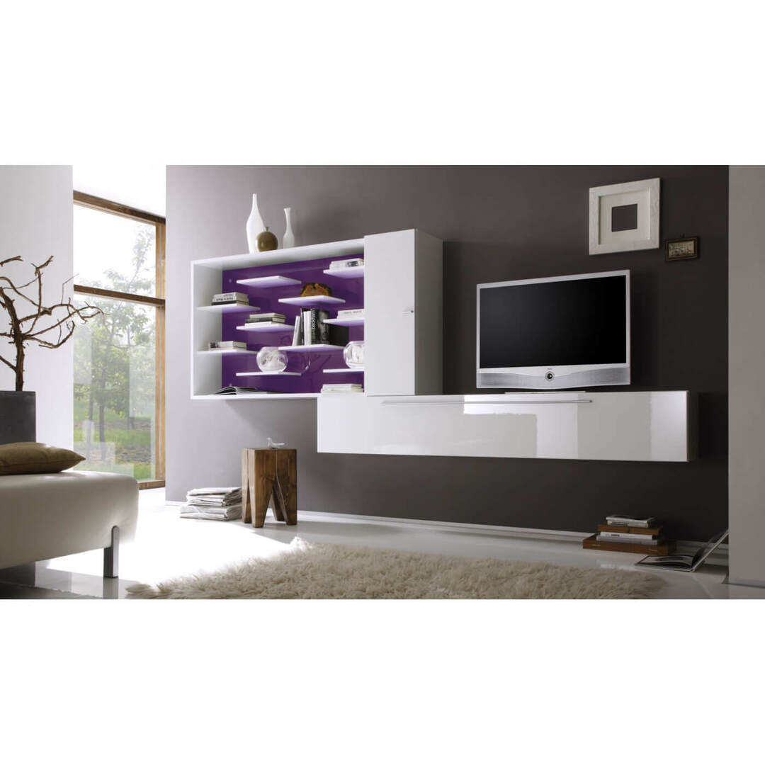 Composition TV murale design blanc laqué/lilas Gibraltar