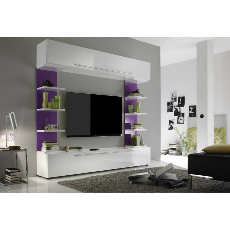 Composition TV murale design blanc laqué/lilas Trinity