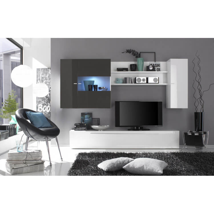 Composition TV murale design blanc laqué/brun Ambrose