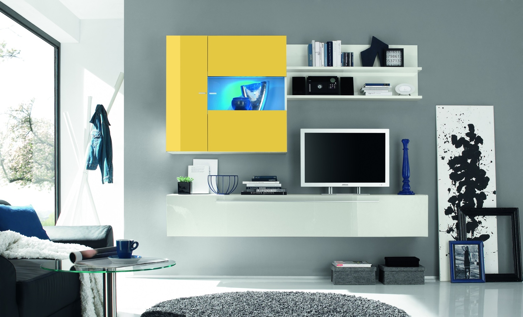 Composition TV murale design blanc laqué/jaune Yvonic