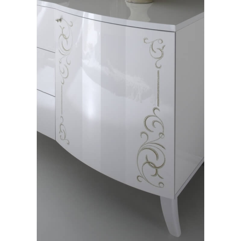 Commode design laquée blanche avec sérigraphie 1 porte/3 tiroirs Esteline | Matelpro