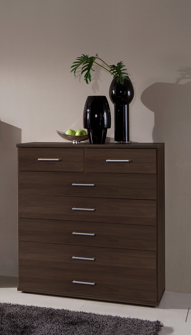 Commode contemporaine 7 tiroirs coloris noyer Siberia | Matelpro