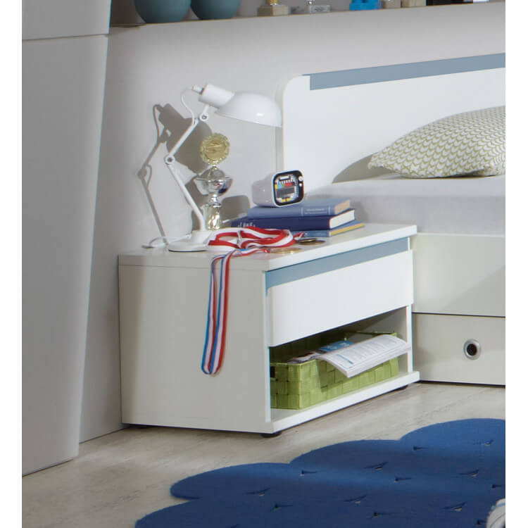 Chevet enfant contemporain 1 tiroir blanc alpin/bleu denim Mandy | Matelpro