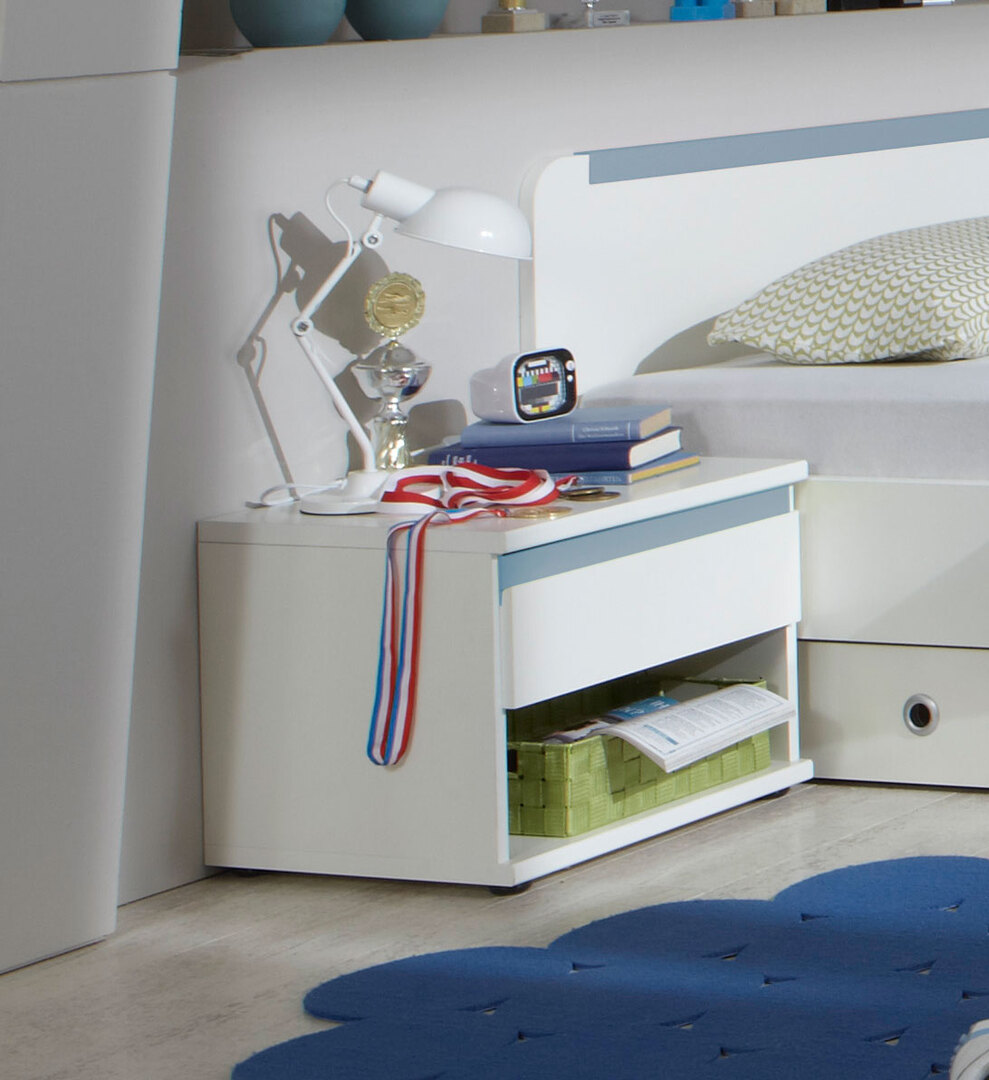 Chevet enfant contemporain 1 tiroir blanc alpin/bleu denim Mandy | Matelpro