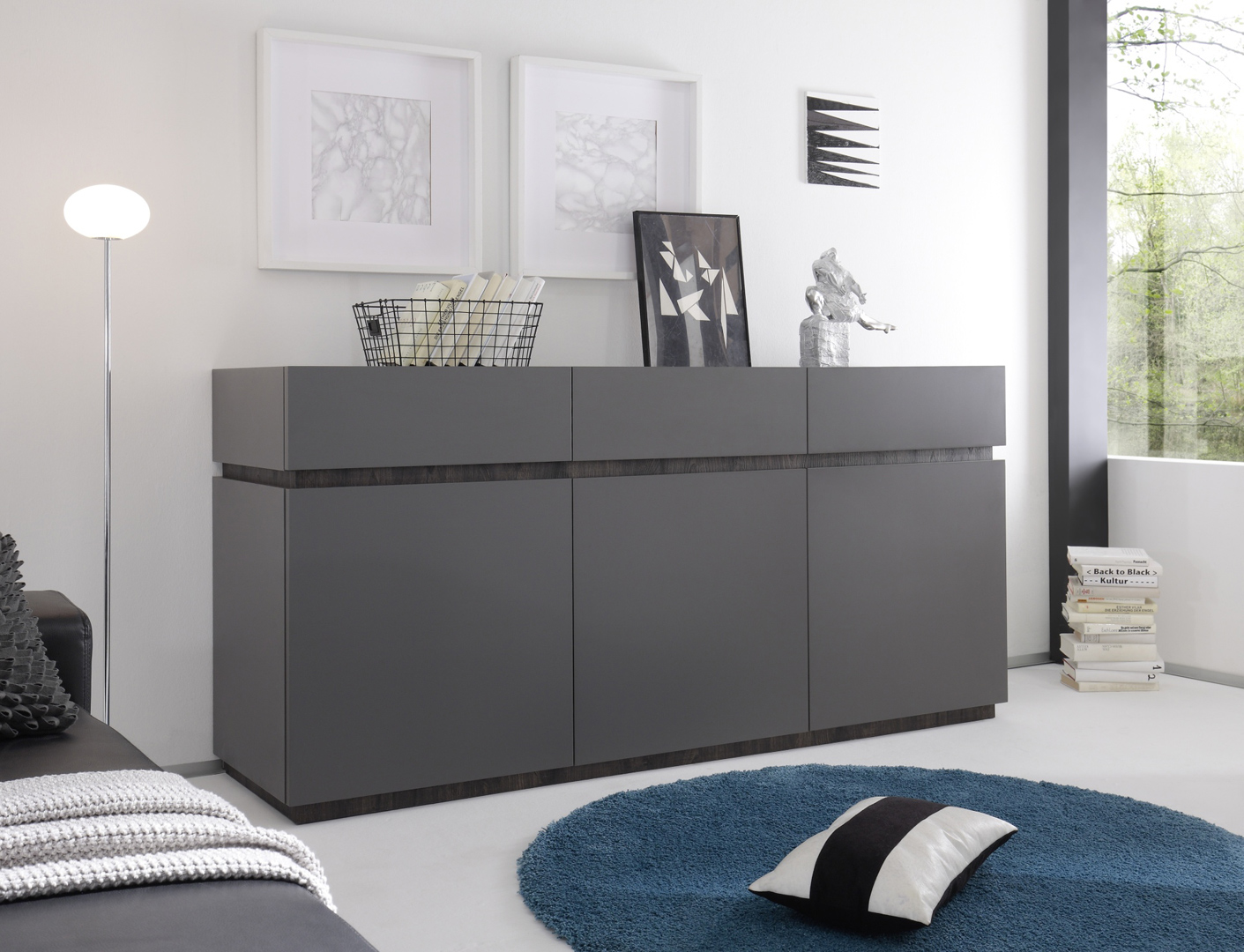 Buffet/bahut design 3 portes/3 tiroirs gris mat Donatien | Matelpro