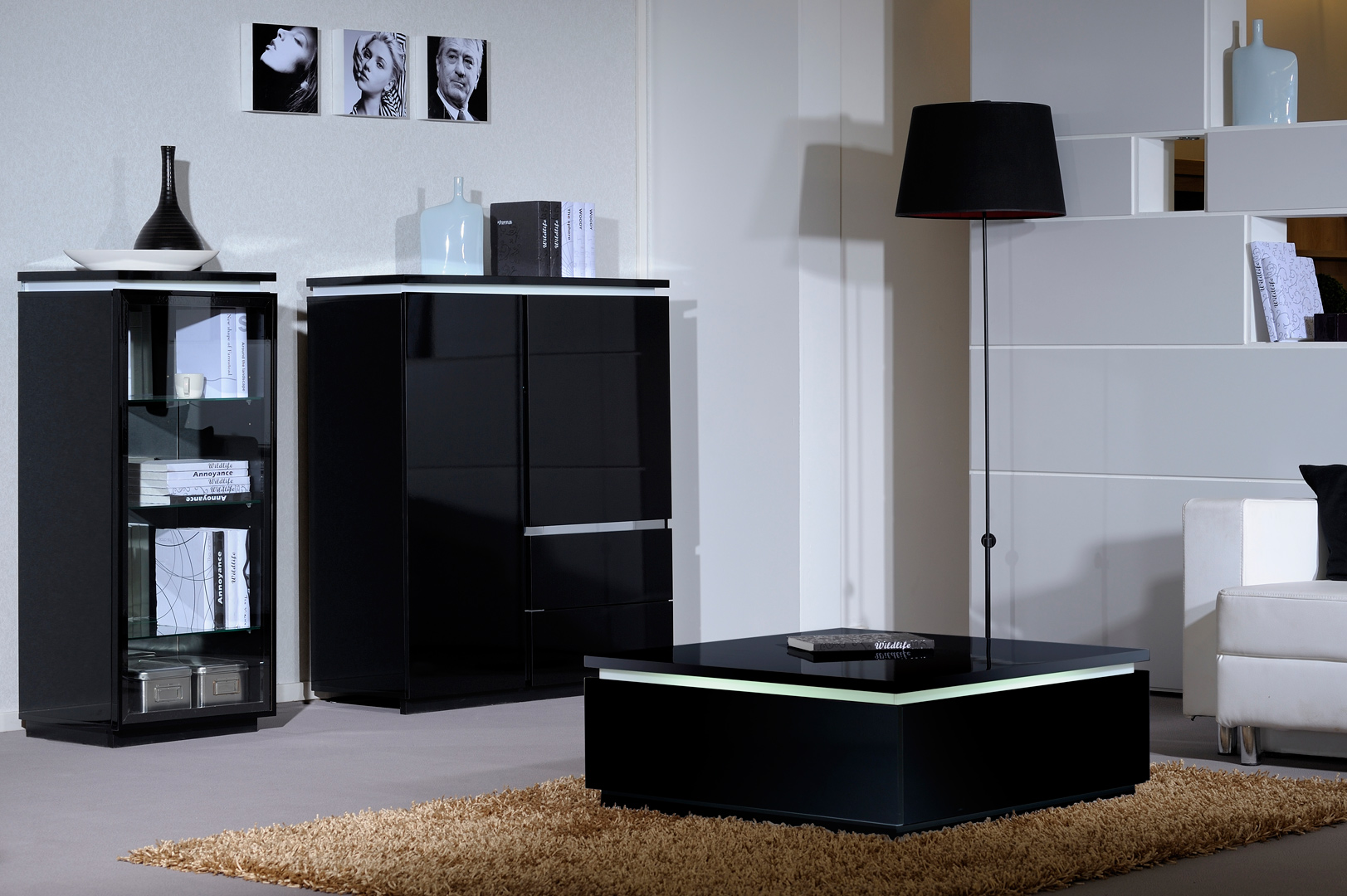 Vitrine design 1 porte avec éclairage noir brillant Minella