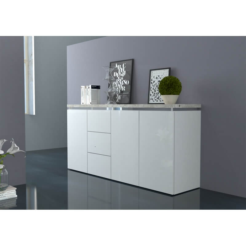 Buffet/bahut design blanc laqué/décor ciment Ginko