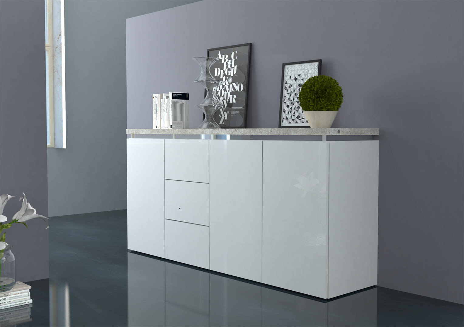 Buffet/bahut design blanc laqué/décor ciment Ginko