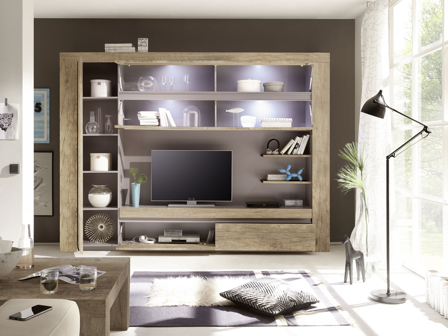 Banc TV contemporain chêne canyon avec éclairage Sonia