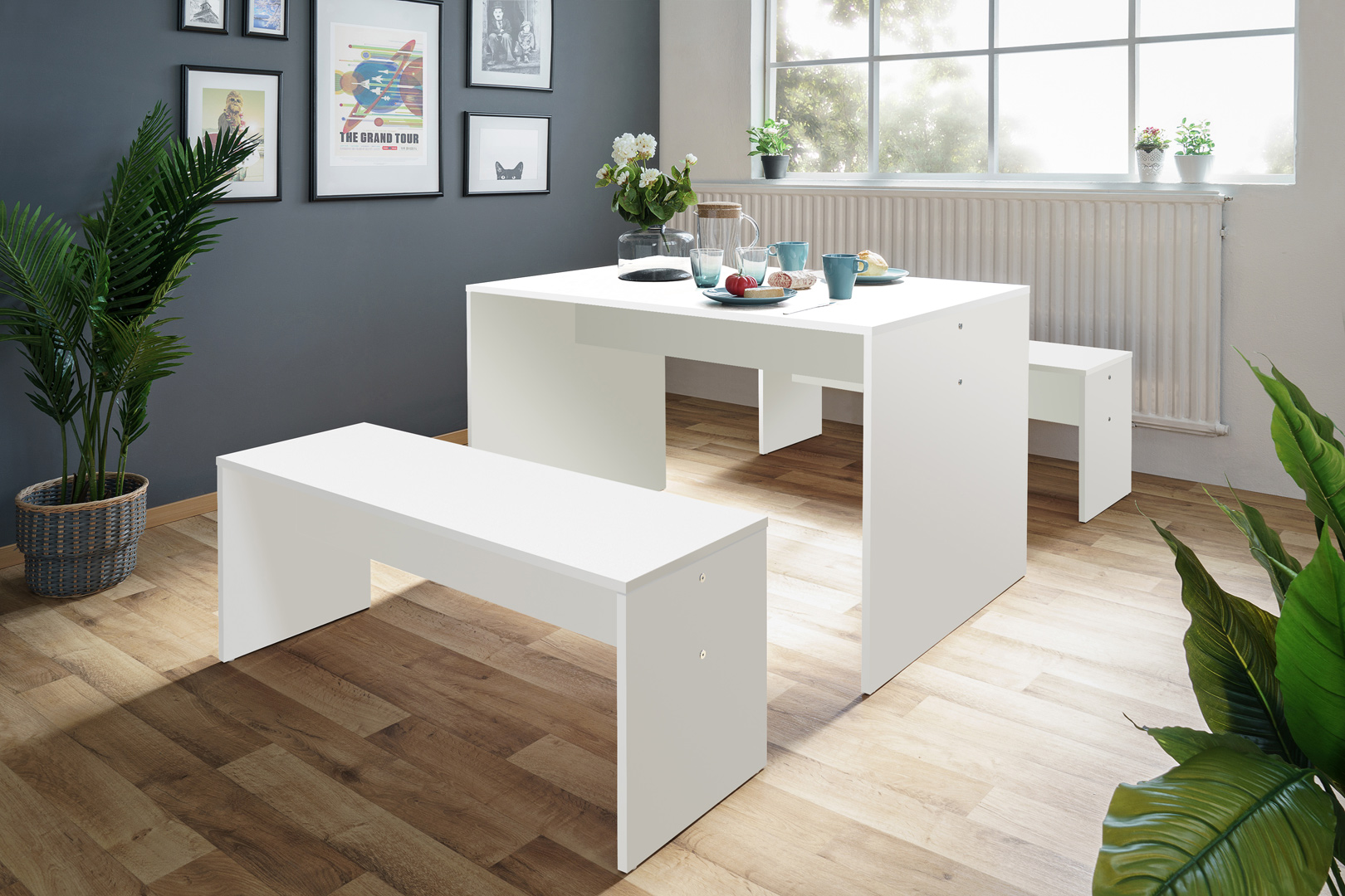 Ensemble table et 2 bancs contemporain blanc Amanda