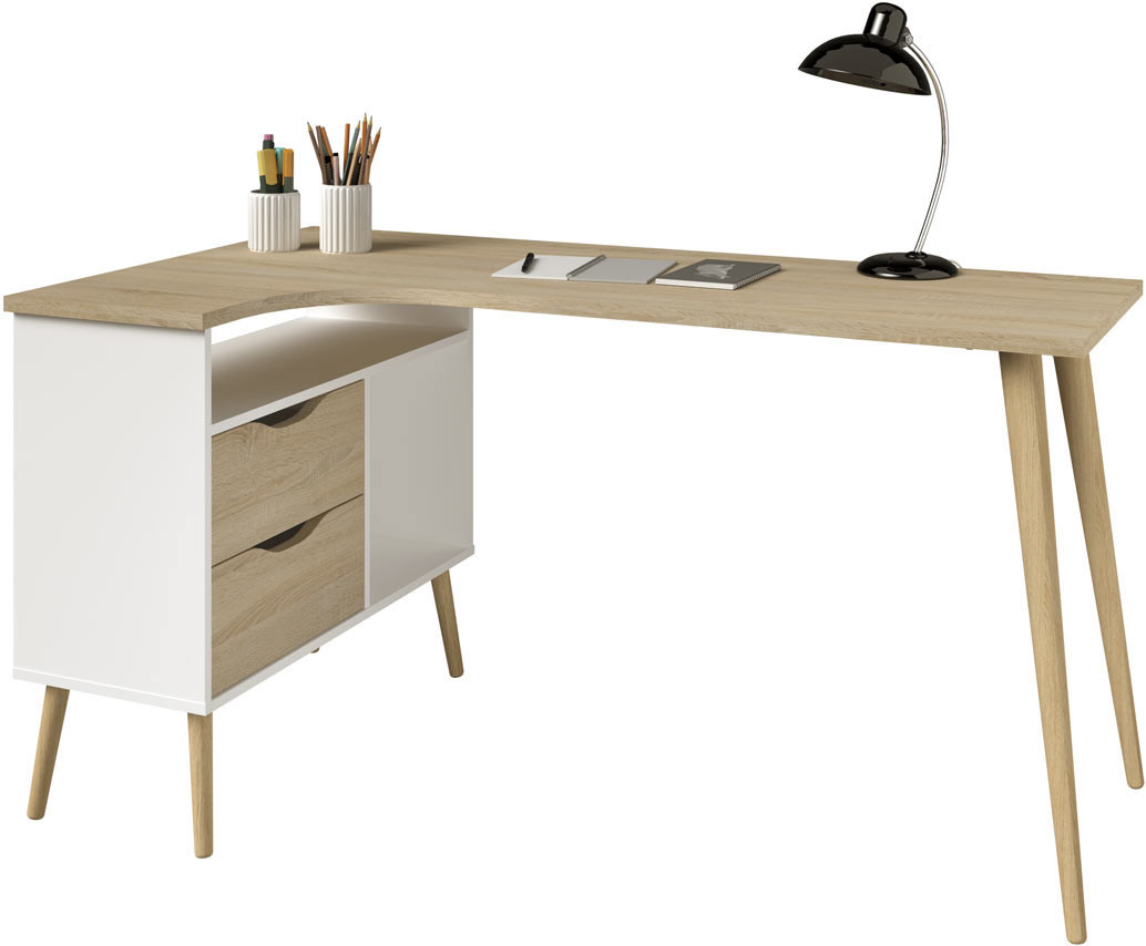Bureau d'angle scandinave chêne/blanc Alama | Matelpro Bureau d'angle scandinave chêne/blanc Alama | Matelpro