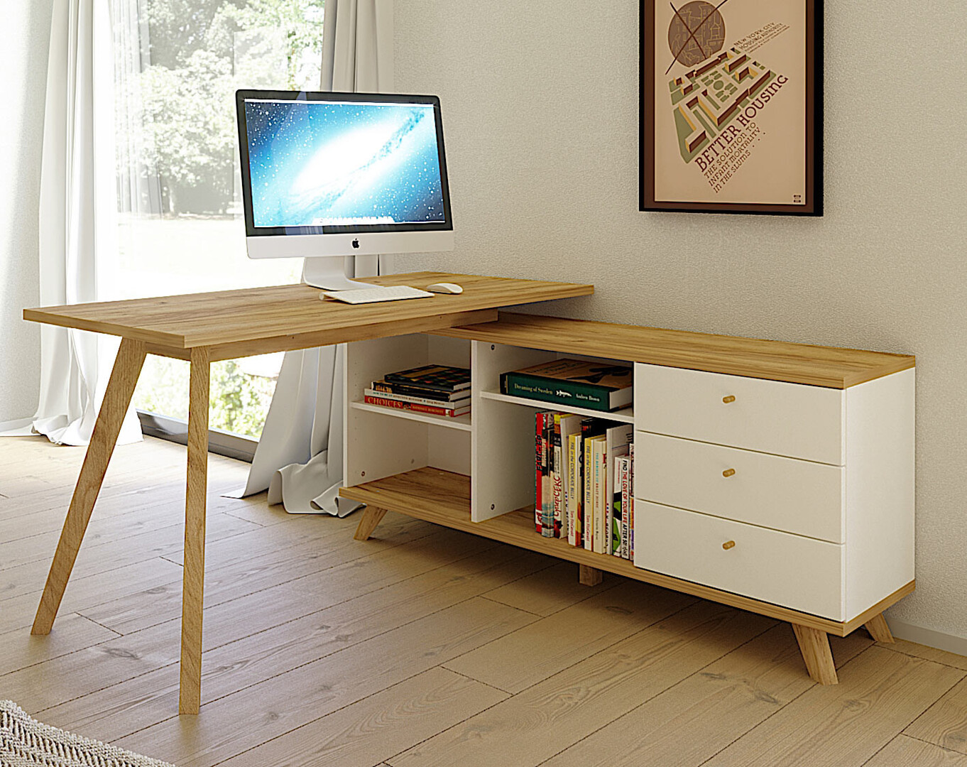 Bureau d'angle scandinave chêne/blanc Nebula - Matelpro