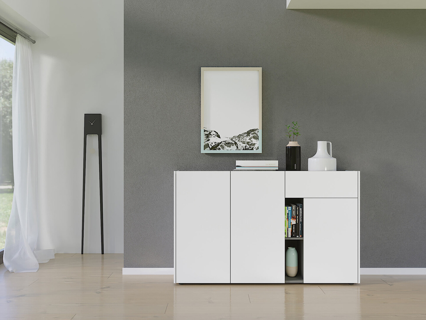 Buffet/bahut moderne blanc/graphite Vahina