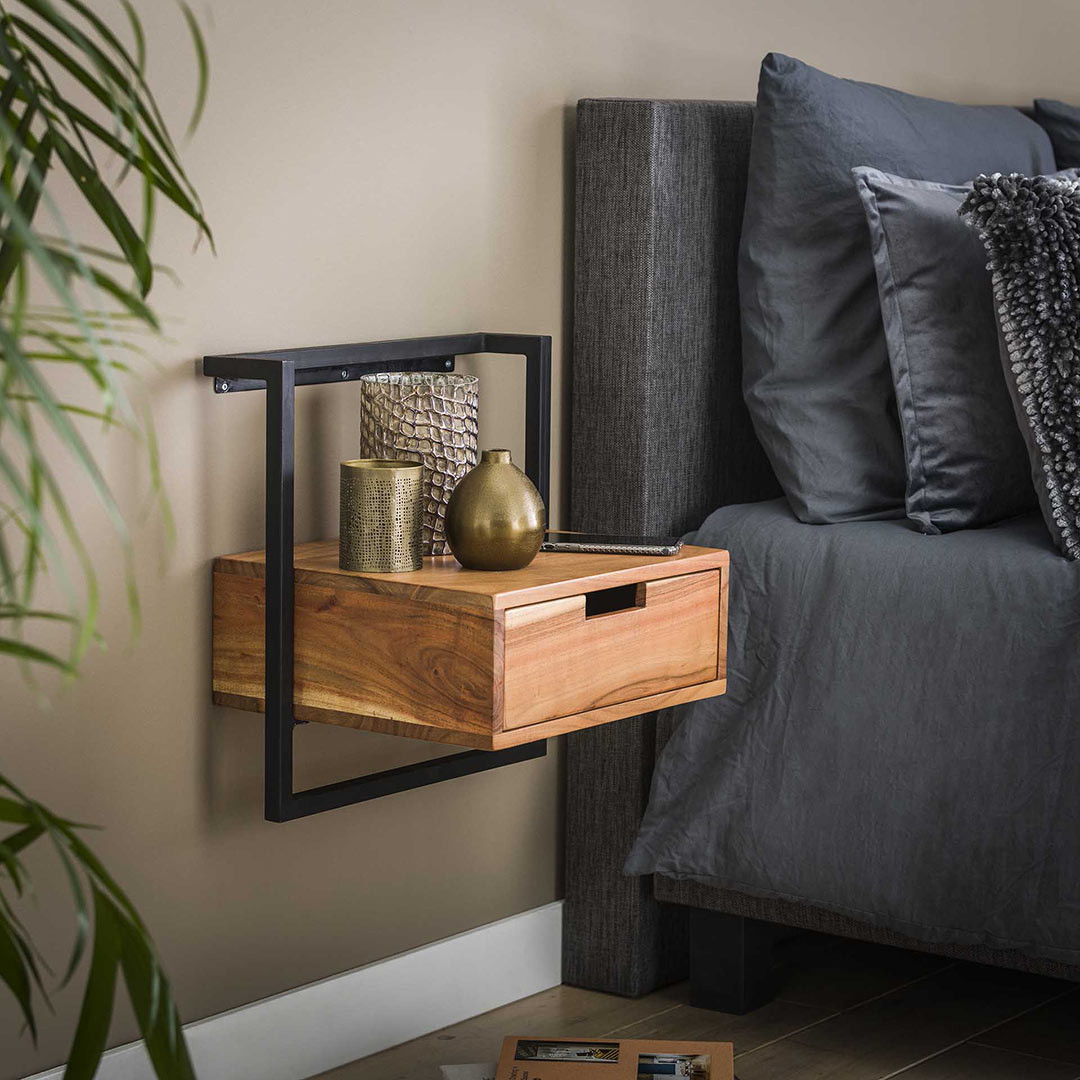 Table de chevet contemporaine en bois d'acacia et métal Olivia | Matelpro
